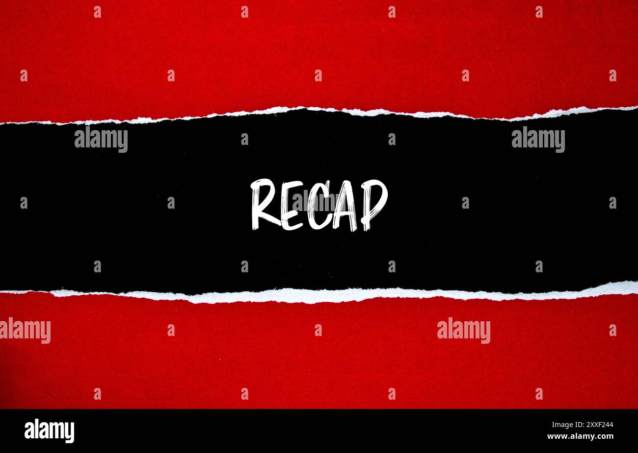 Recap message written on ripped torn red paper with black background. Conceptual recap symbol ...