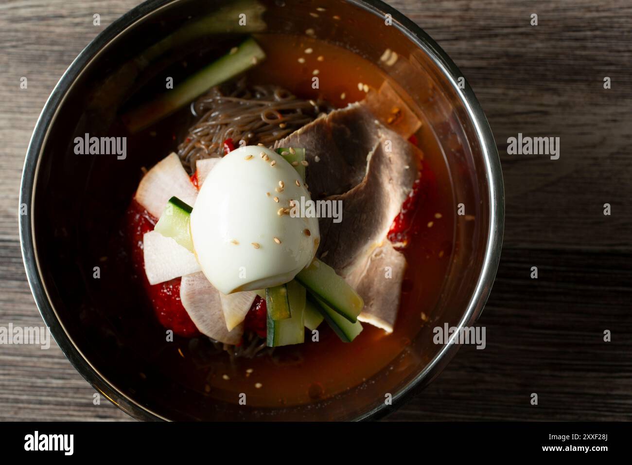 A top down view of a Korean spicy buckwheat noodle soup Stock Photo - Alamy