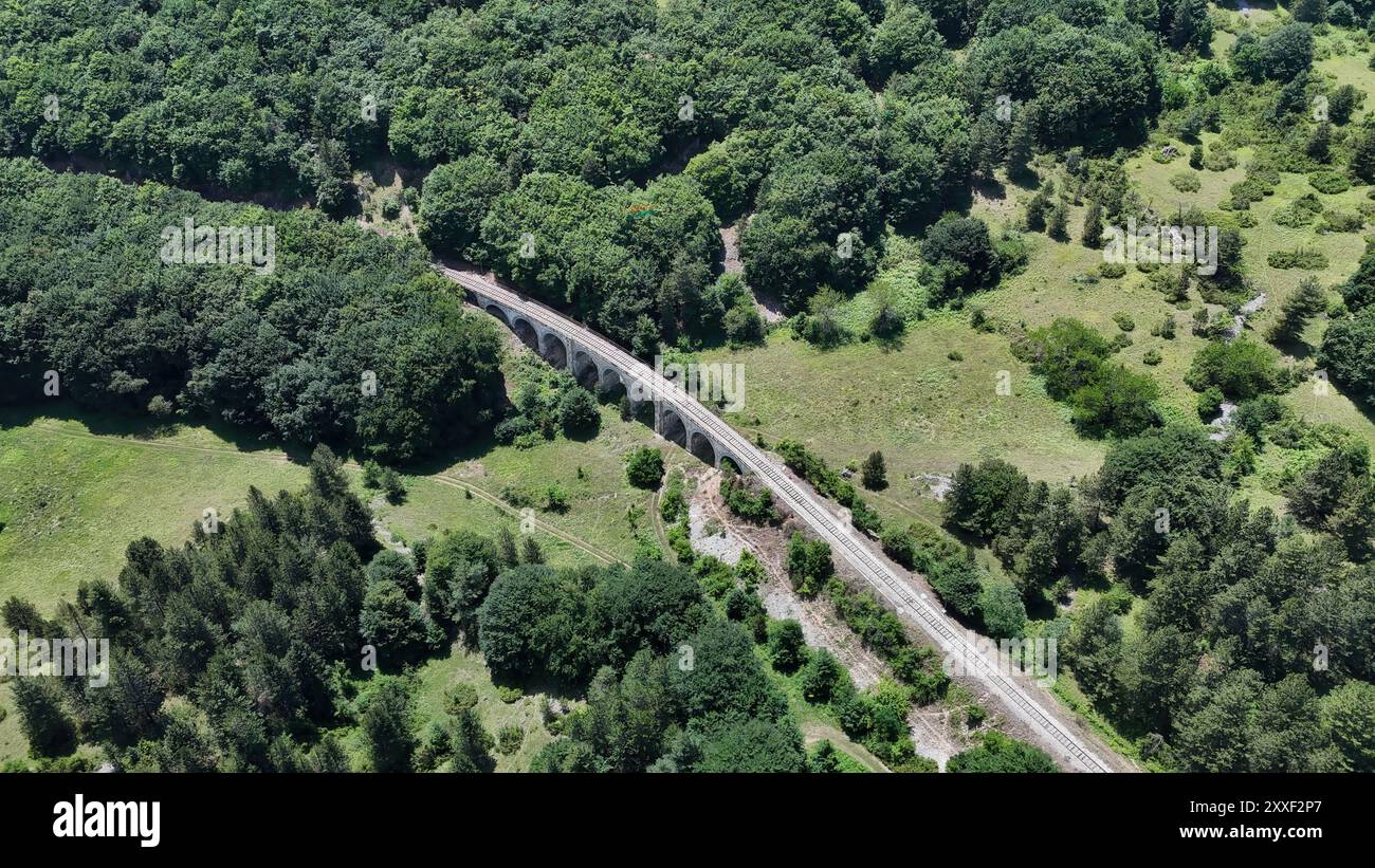 An impressive railway viaduct stretches across a vibrant green ...
