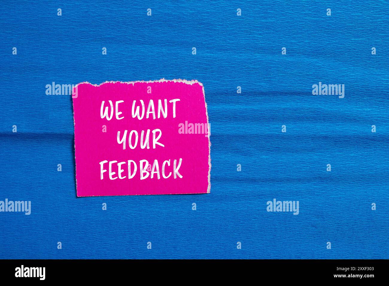 We want your feedback message written on ripped torn pink paper piece with blue background ...