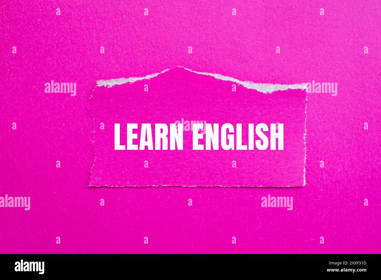 Learn english message written on ripped torn pink paper piece with pink background. Conceptual ...