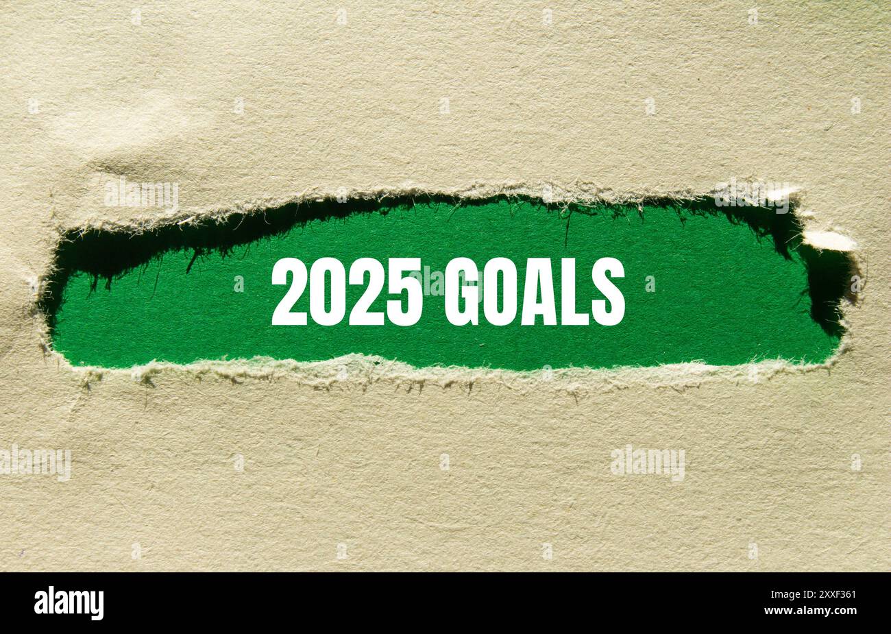 2025 goals message written on ripped torn paper with green background ...