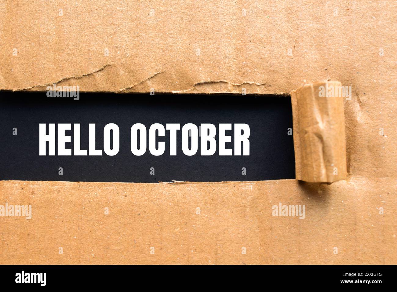 Hello october message written on ripped torn cardboard paper with black ...
