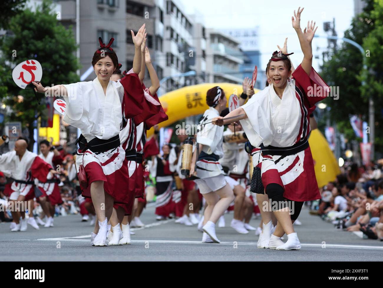 Dancers move to traditional Japanese "hayashi" music during a dance ...