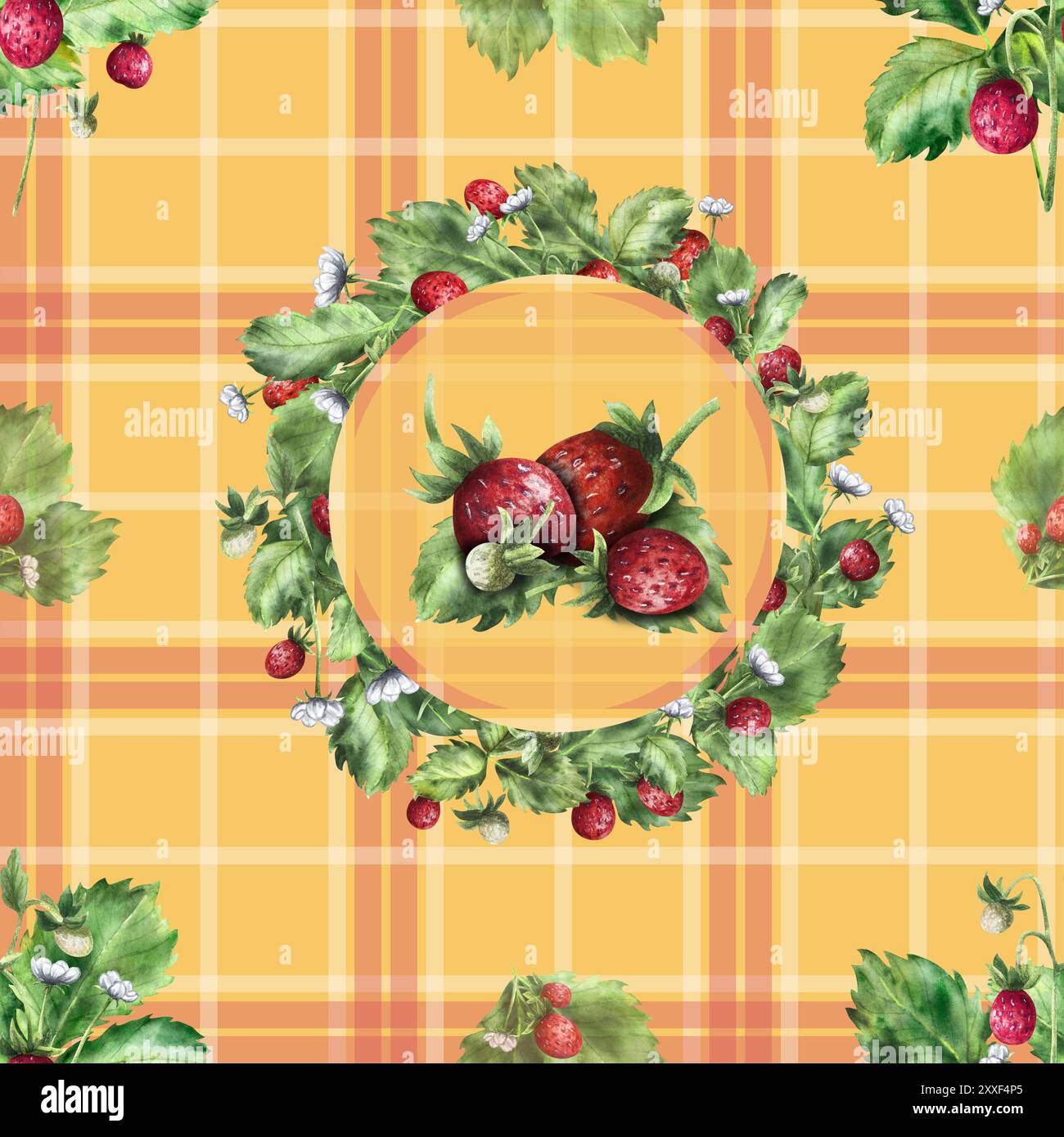 Red wild strawberries on a checkered yellow background. Seamless ...