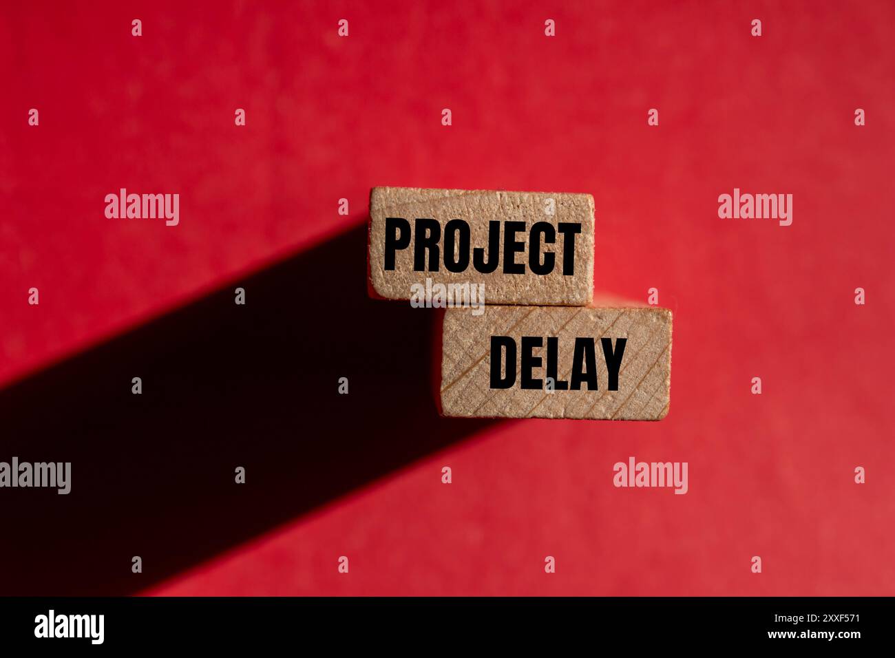 Project delay message written on wooden blocks with red background ...
