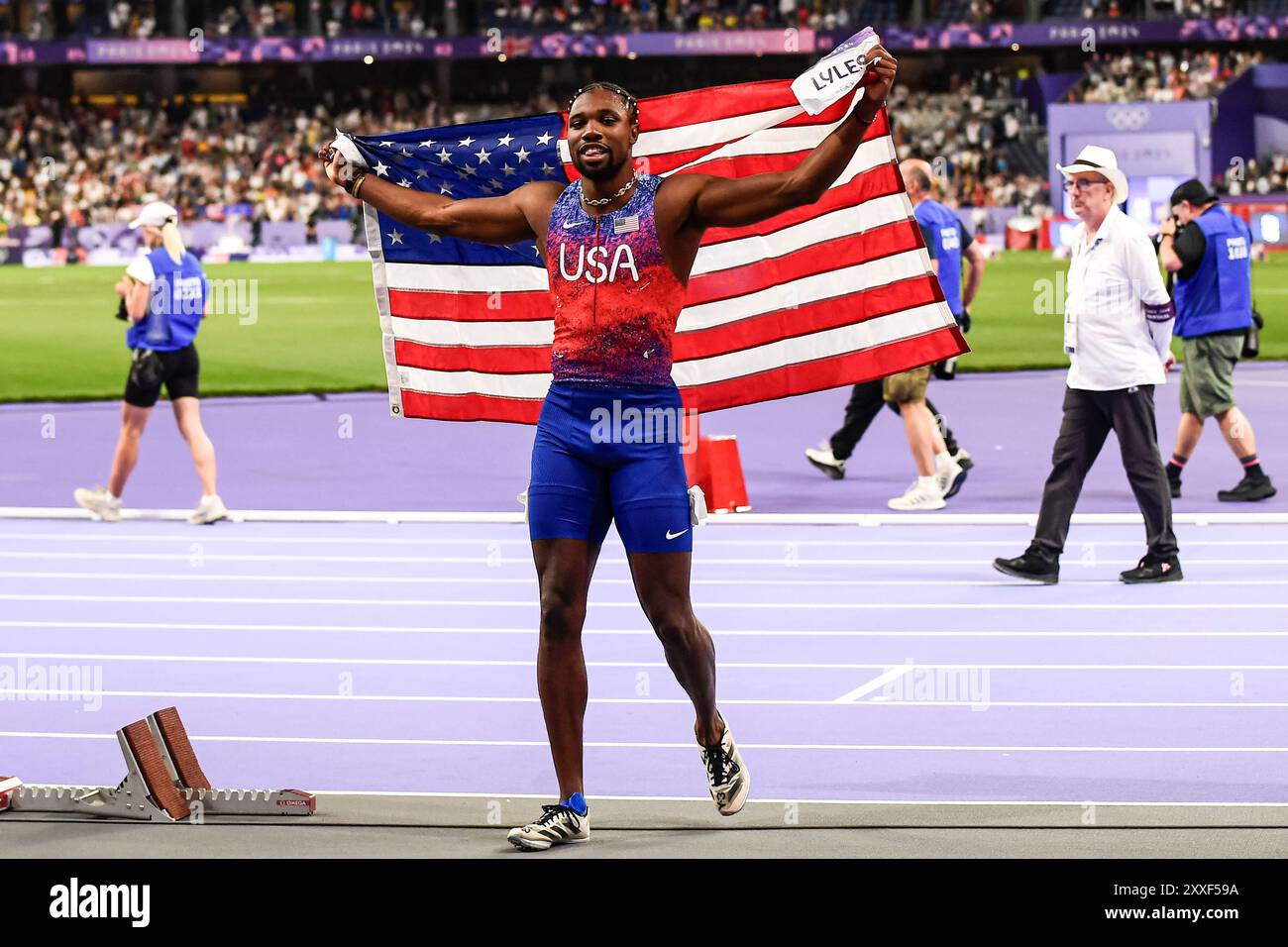 Noah Lyles of United States of America celebrates after winning the 100 ...