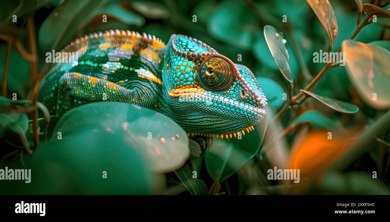 Green water - orange Chameleon among the leaves Stock Photo - Alamy