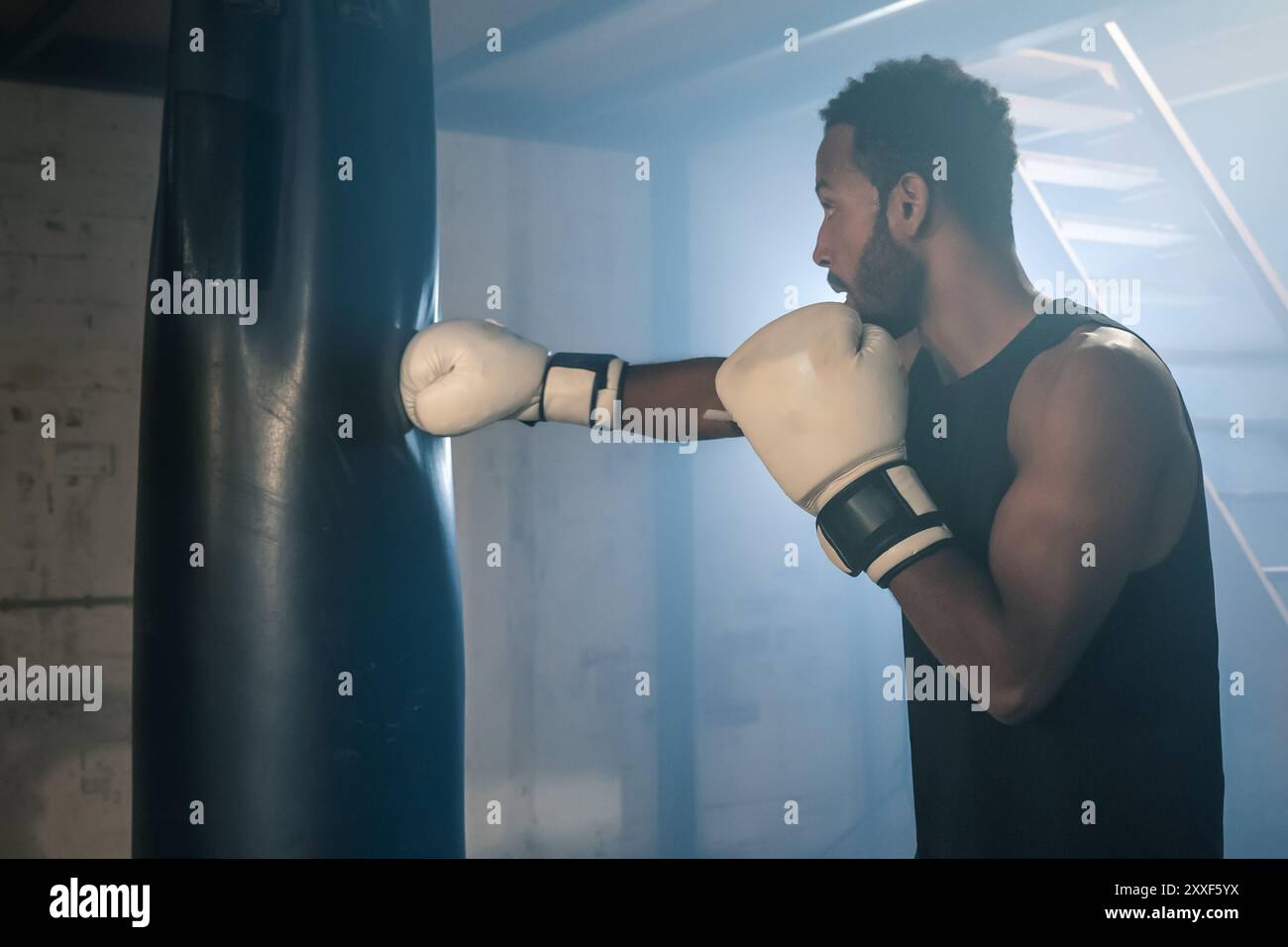 Boxing fighter hits punching bag in the gym Stock Photo - Alamy