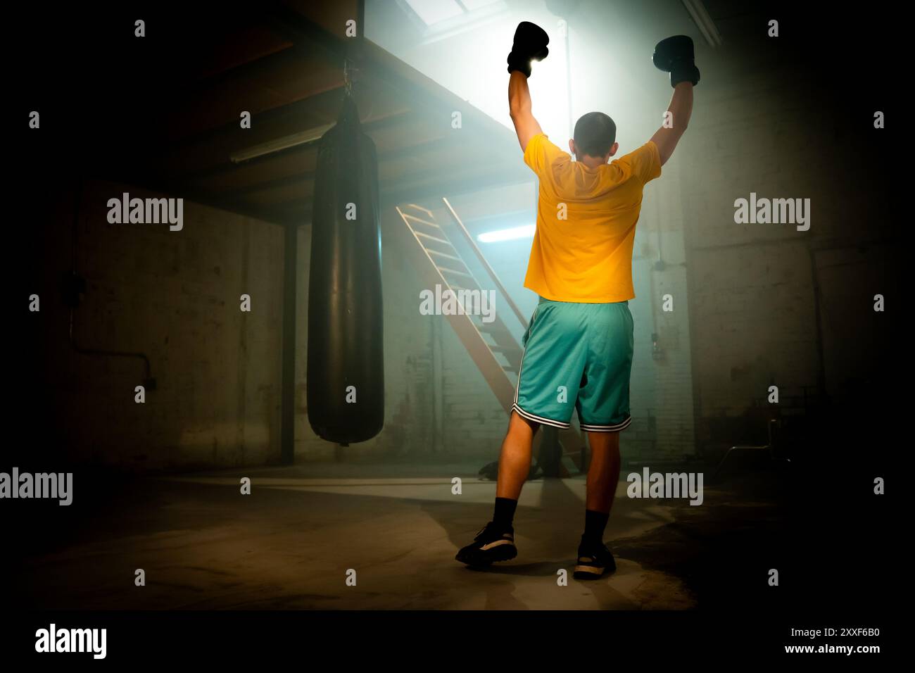 Boxer celebrating win on dark background. Horizontal copy space sport ...