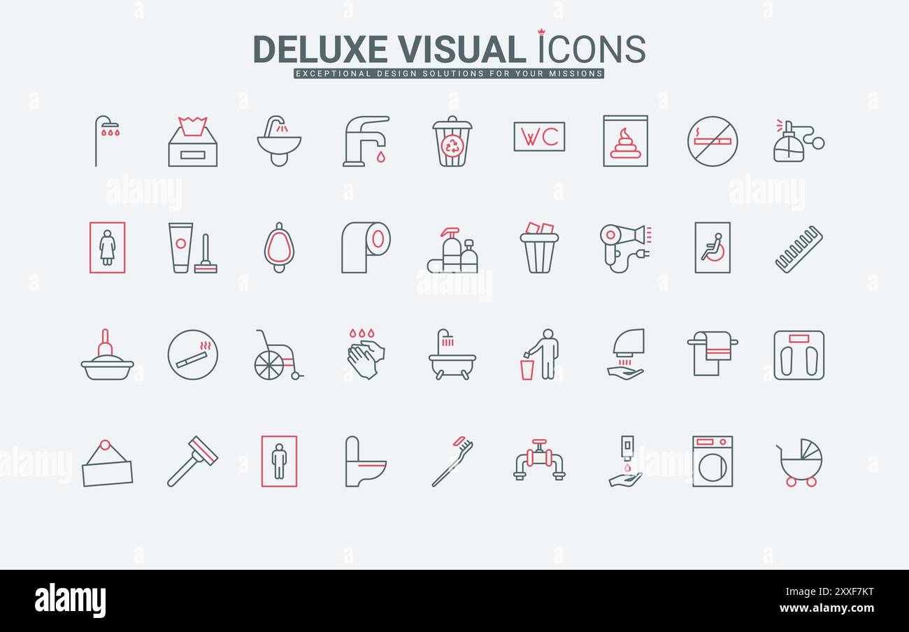 Toilet and bathroom, hygiene tools and cosmetics line icons set. Towel ...