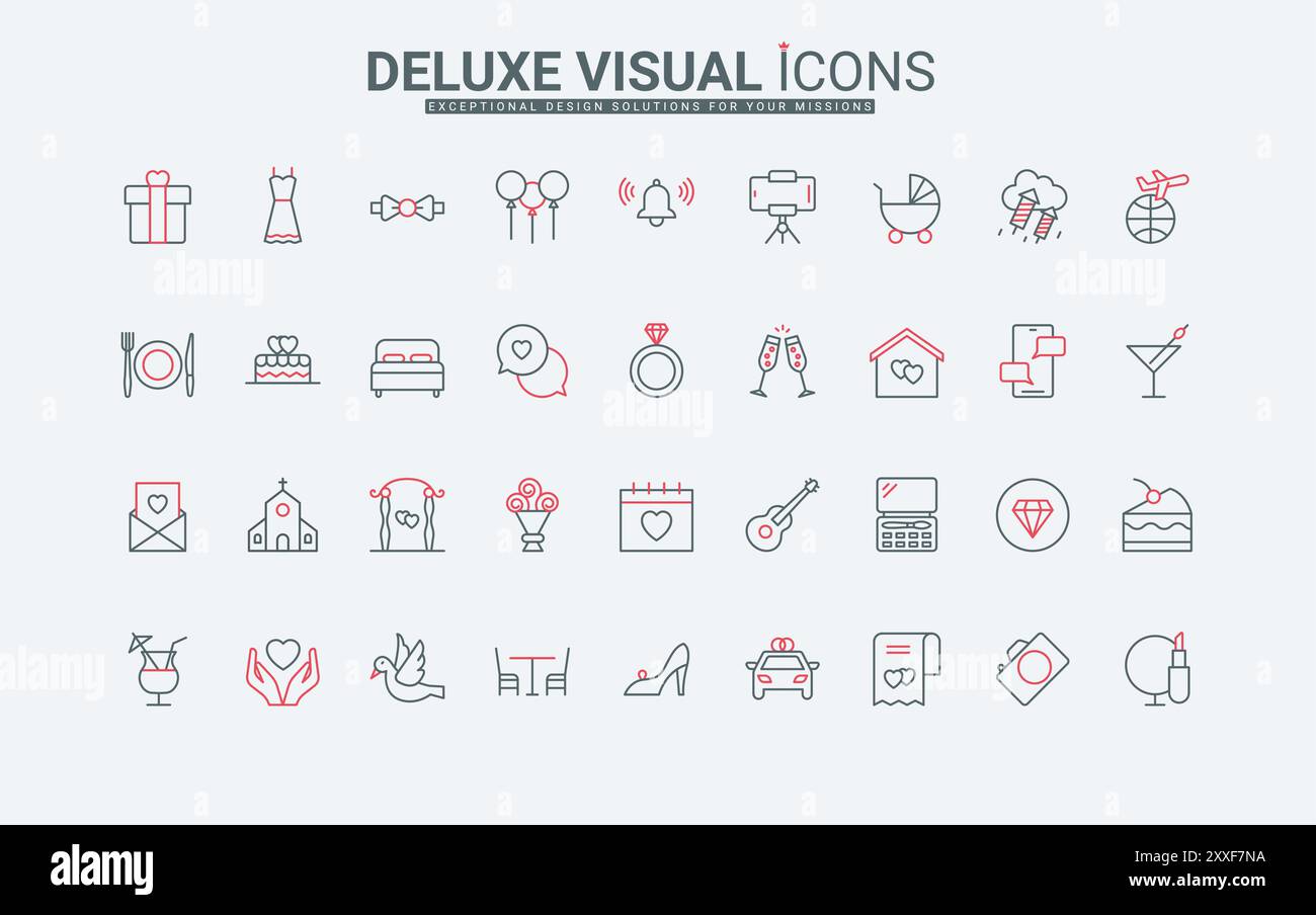 Wedding event celebration, ceremony and banquet, fun party line icons ...