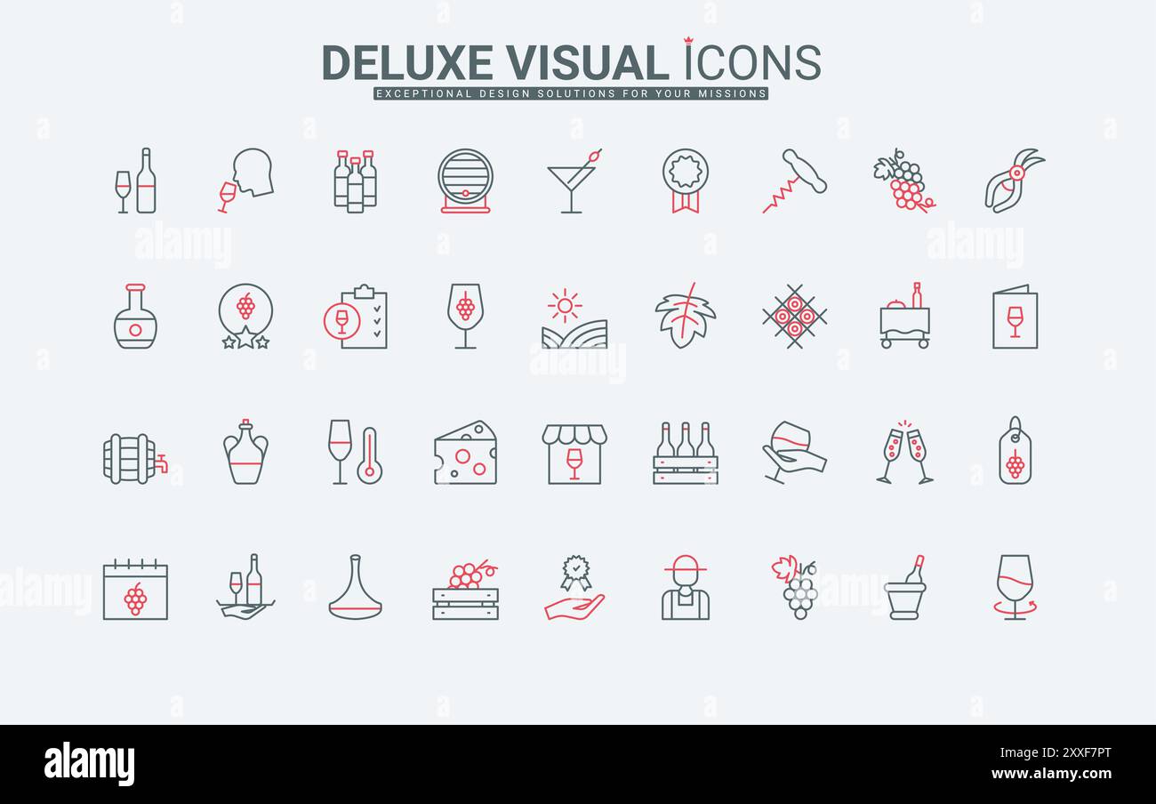 Wine testing and alcohol drink storage, winery line icons set. Grapes ...