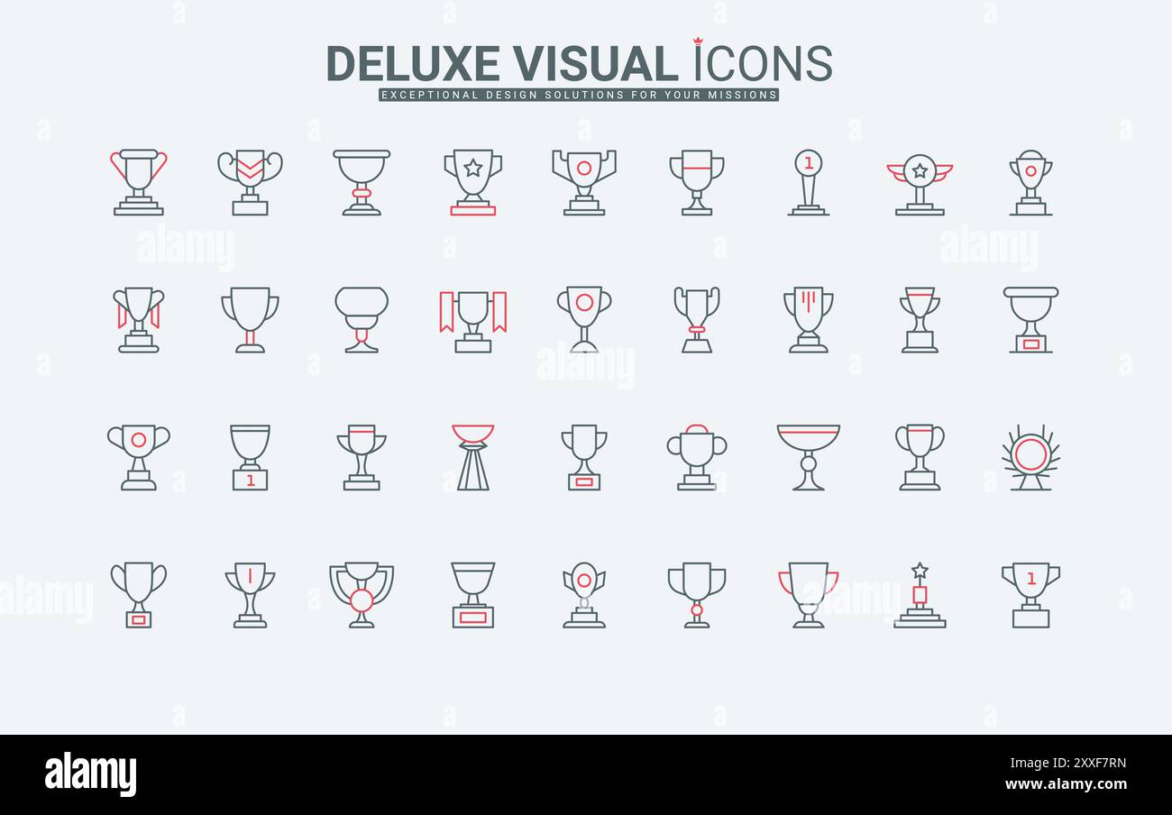 Trophy cup line icons set. Goblets of different shapes, award labels ...