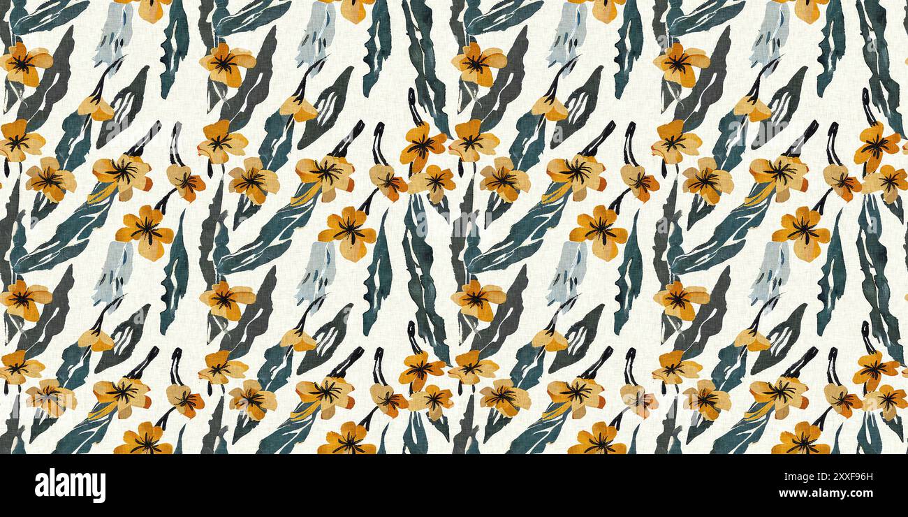 Modern printed fabric flower block print pattern with linen texture ...
