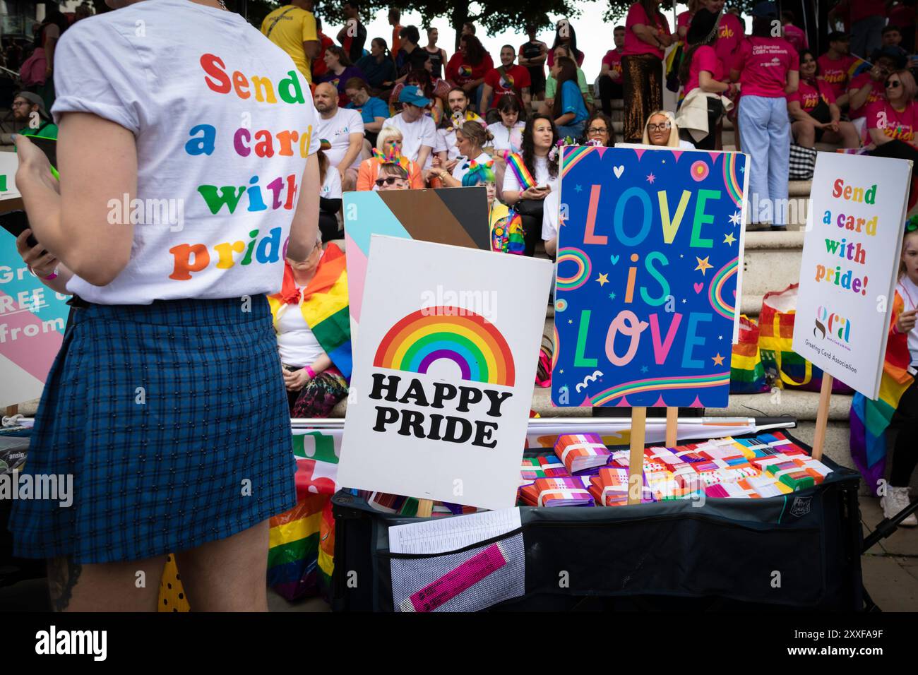Manchester, UK. 24th Aug, 2024. Banners and flags are prepared ahead of ...
