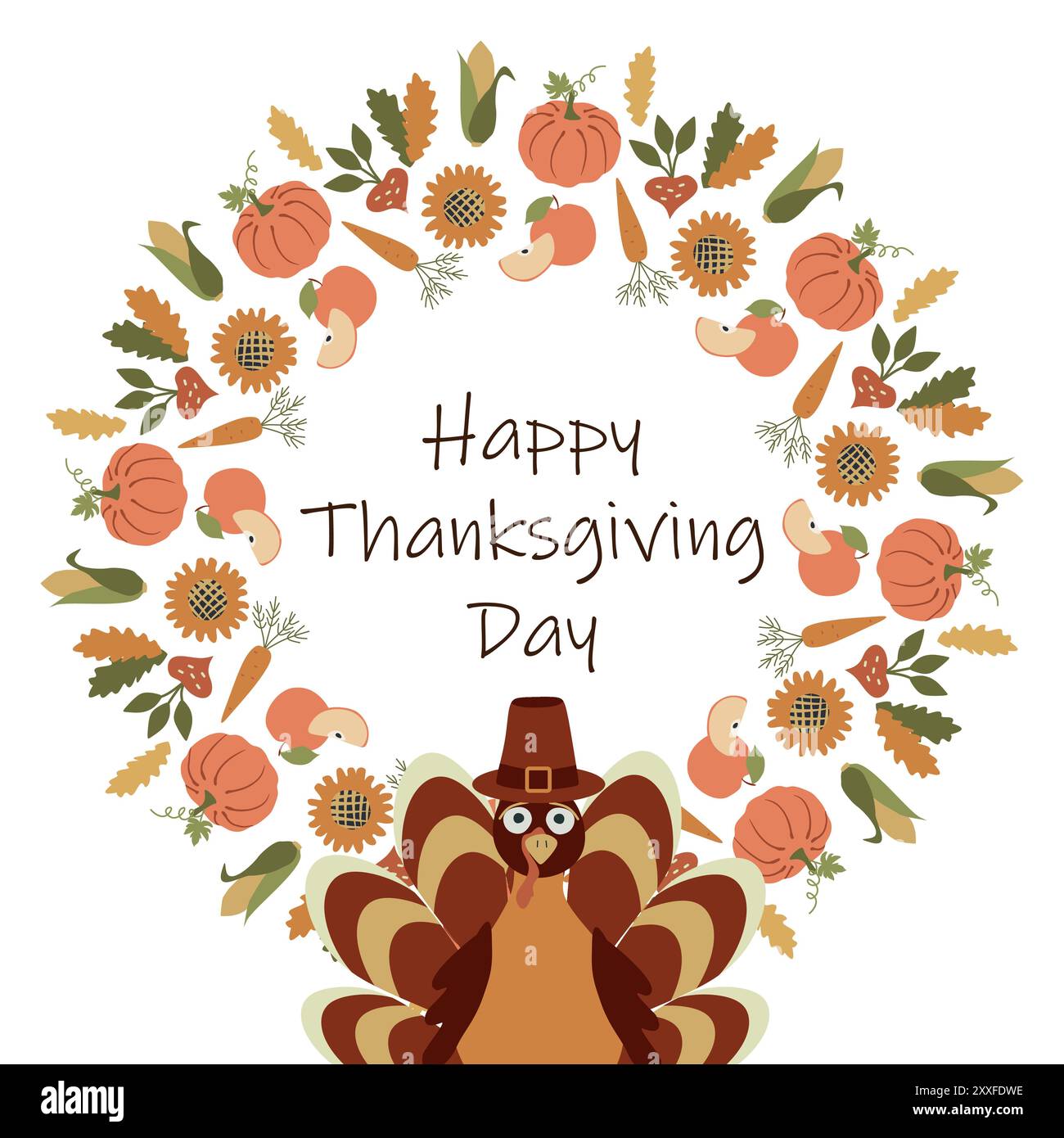 Happy Thanksgiving Day cute Background with Turkey. Give thanks Flat ...