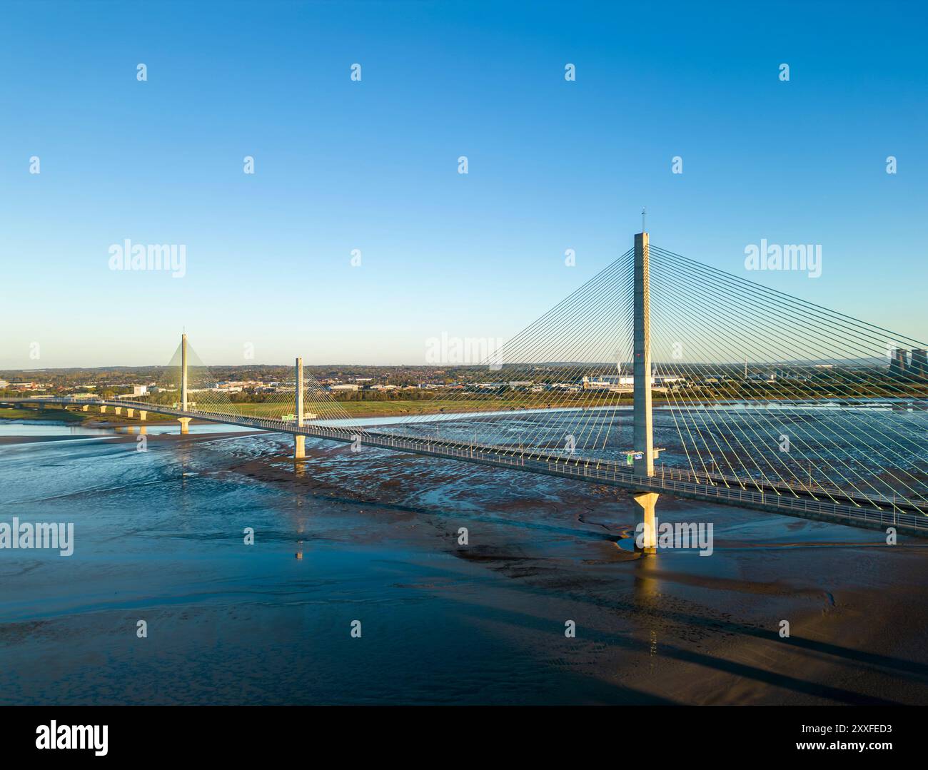 Aerial, The Mersey Gateway Bridge and Silver Jubilee Bridge span the ...