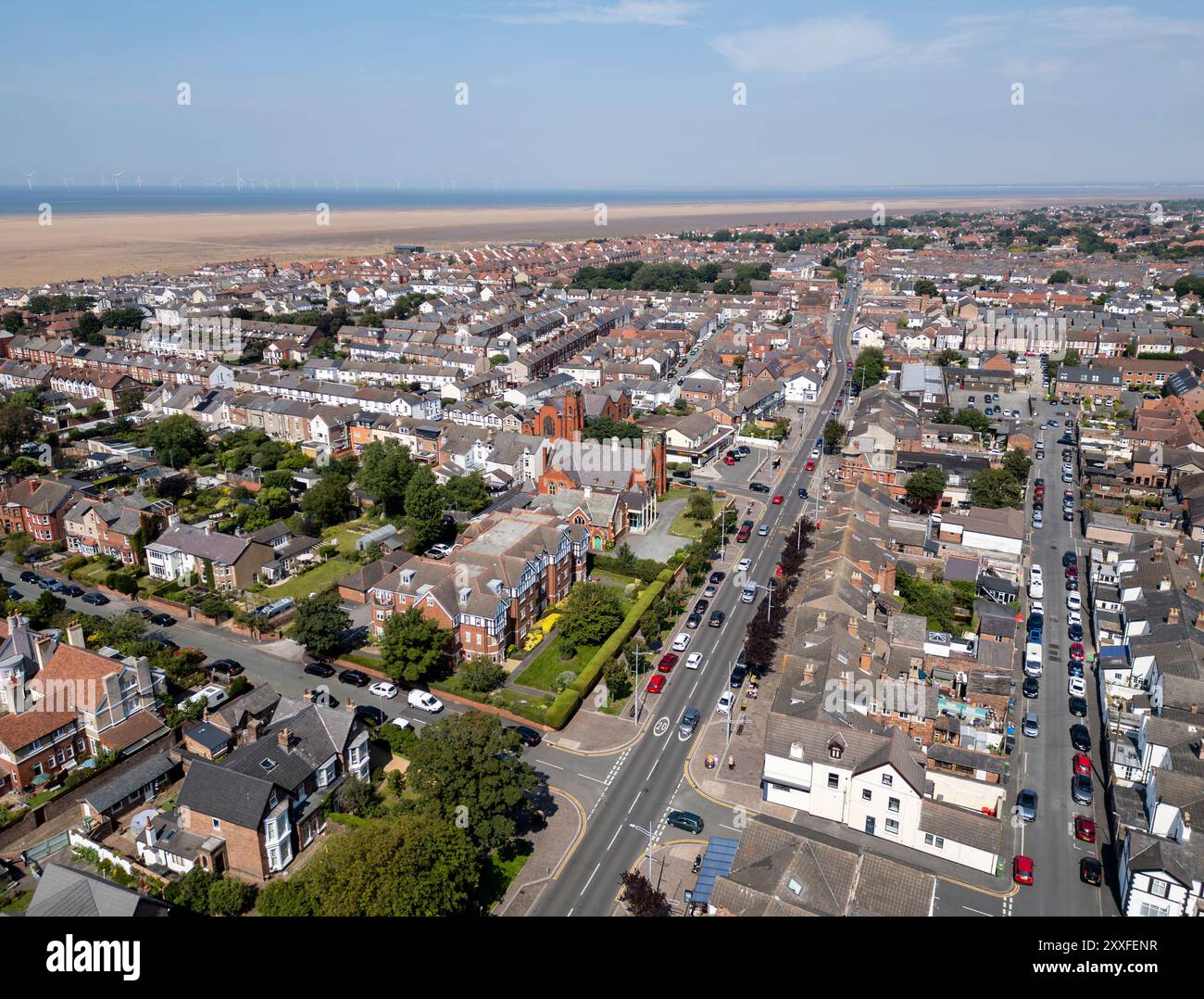 Aerial view of Hoylake main street on the Wirral, Merseyside, England ...