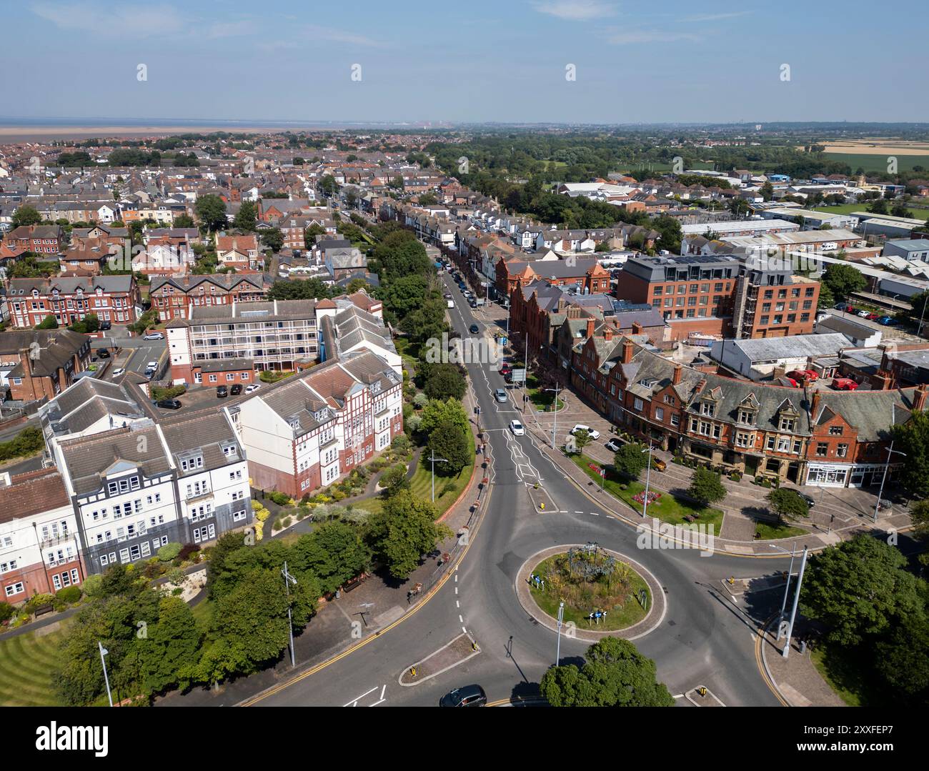 Aerial view of Hoylake shops and roundabout, Wirral, Merseyside ...