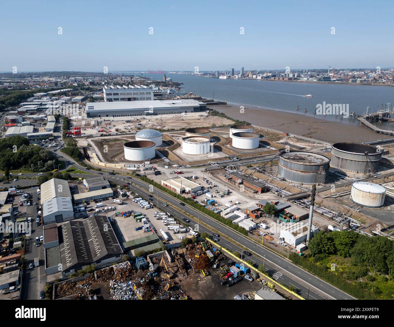 Aerial view of Tranmere Oil Terminal and Cammell Lairds ship building ...