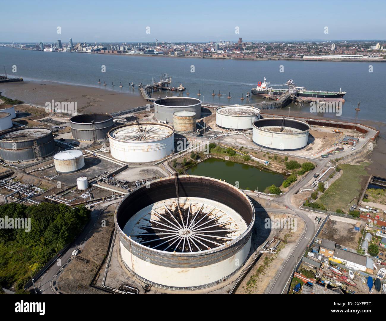 Aerial view of Tranmere Oil Terminal and oil tanker ship, Wirral ...