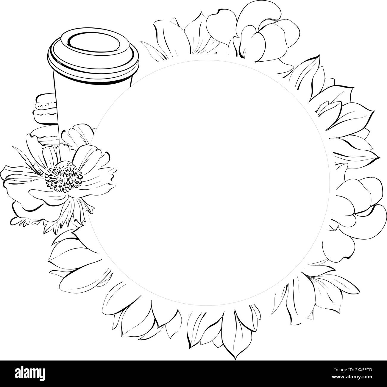 Vector circle frame coffee cup and macaroons. French pastry dessert ...