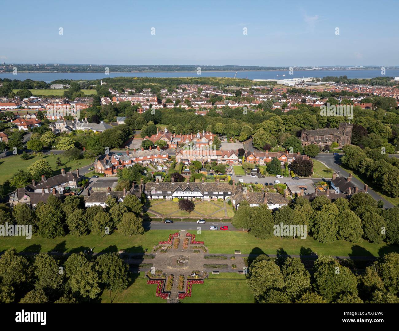 Aerial view of Port Sunlight village on the Wirral, Merseyside, England ...
