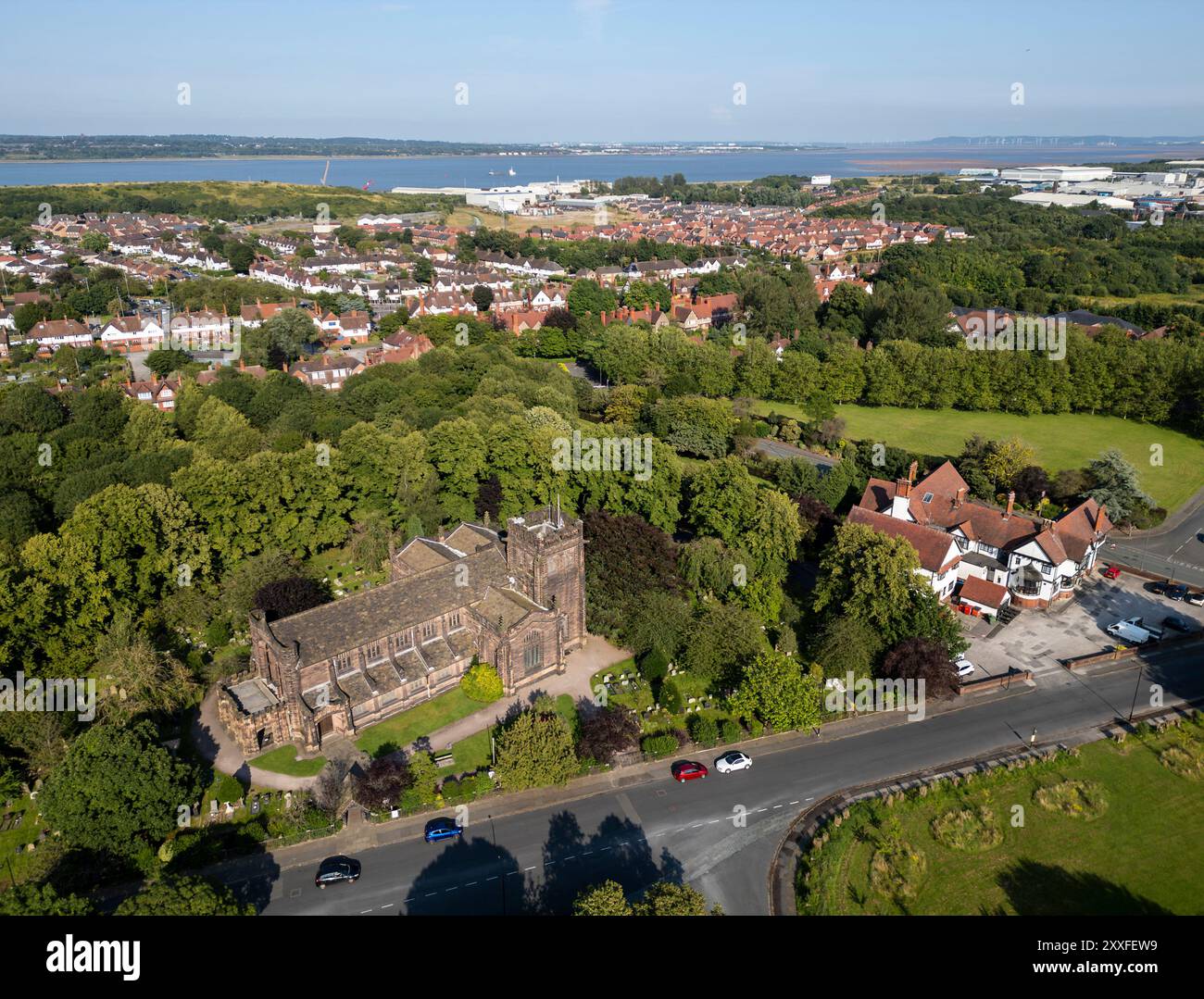 Aerial view of Christchurch church in English village of Port Sunlight ...