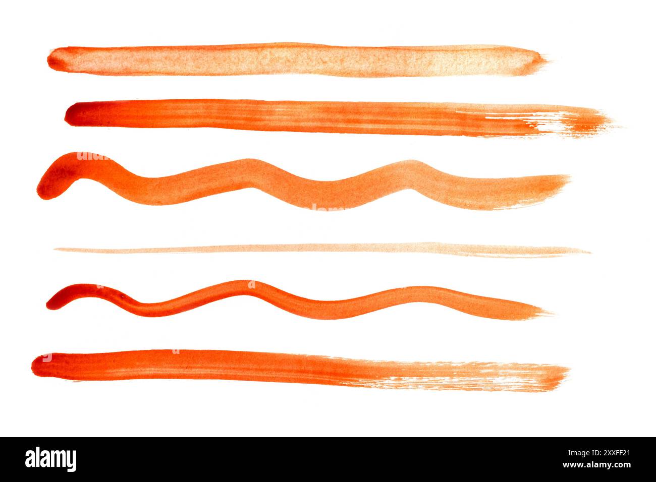 Collection of various orange paint brush strokes on white background ...