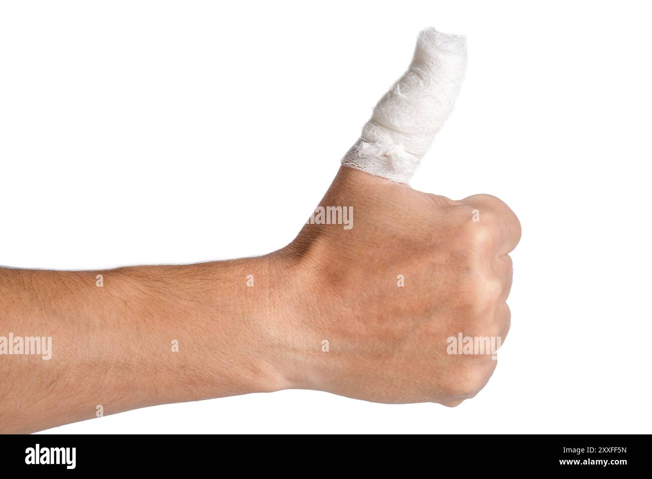 Hand with bandaged thumb raised on white background. Concept positivity ...