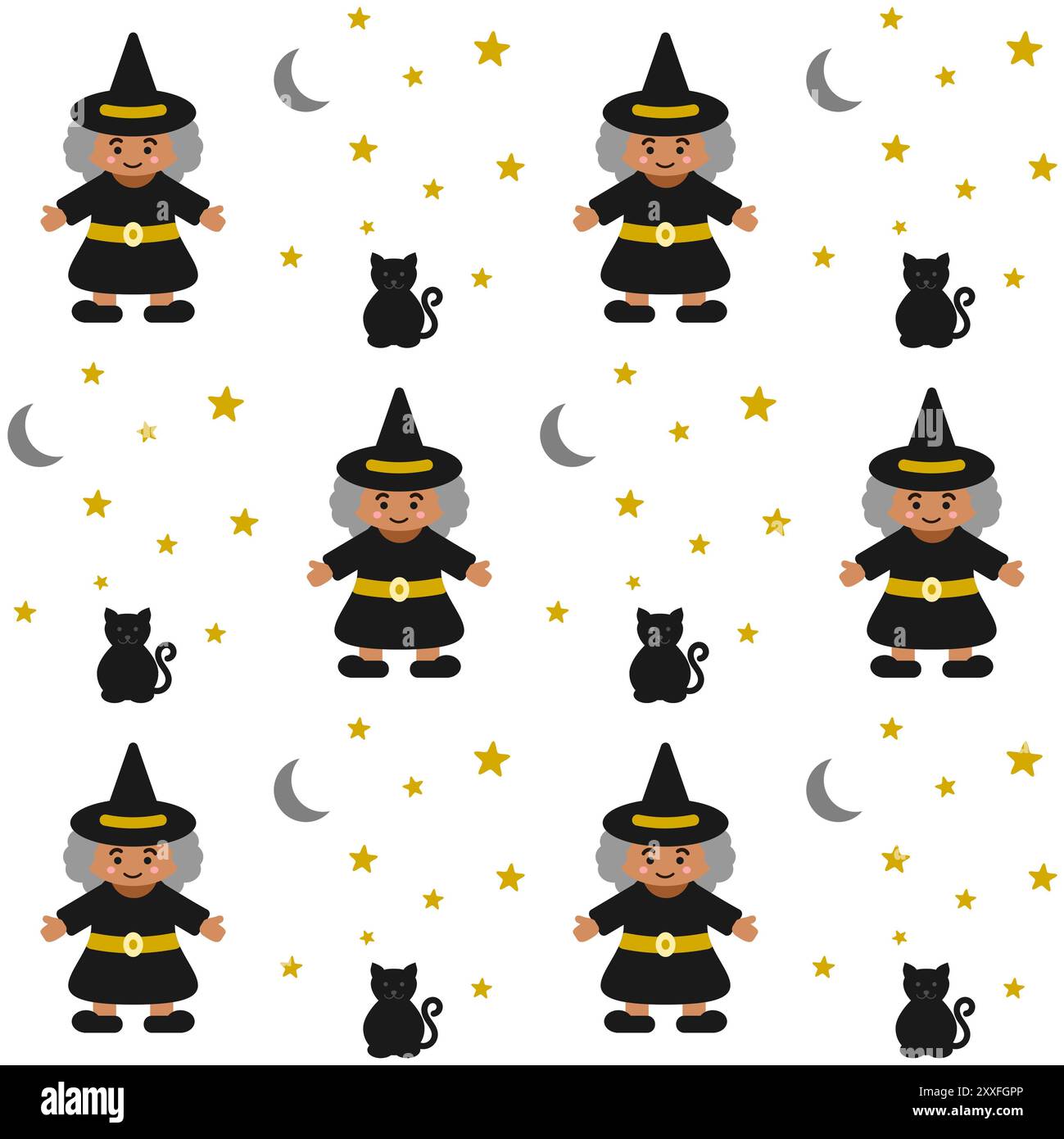 Halloween seamless pattern with witches and black cats during night ...