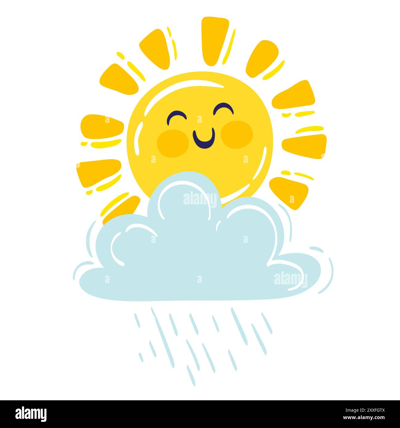 Hand drawn vector illustration of smiling sun and rainy cloud Stock ...