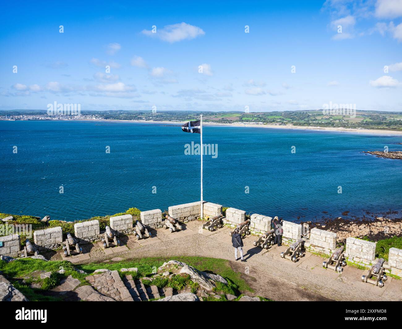 Cannons and castellated parapet on the terrace of St Michael's Mount ...