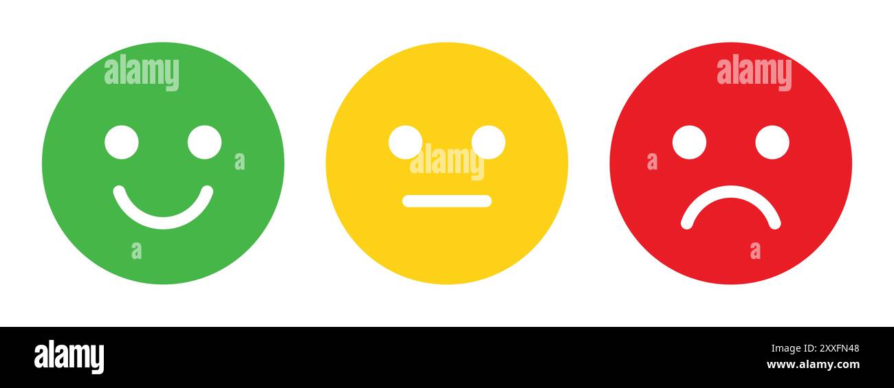 Happy, sad, and neutral emoji smiley set in green, yellow and red color ...
