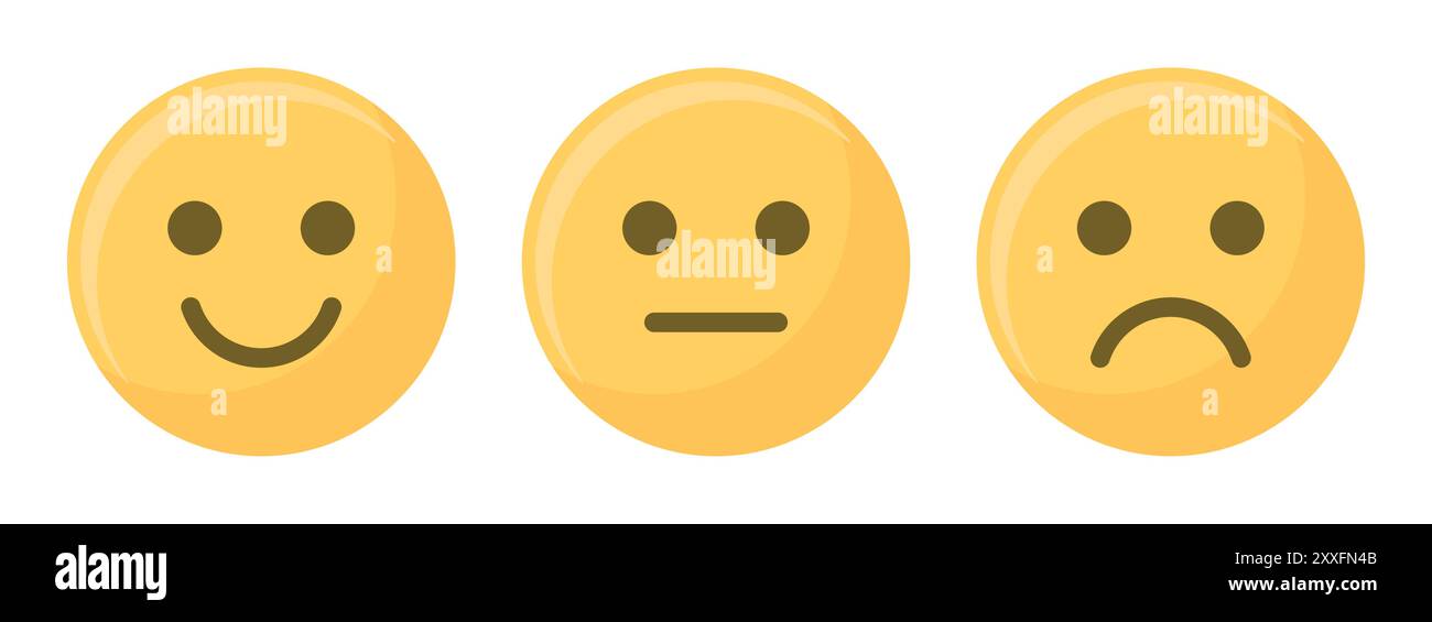 Happy, sad, and neutral emoji smiley set in yellow color vector ...