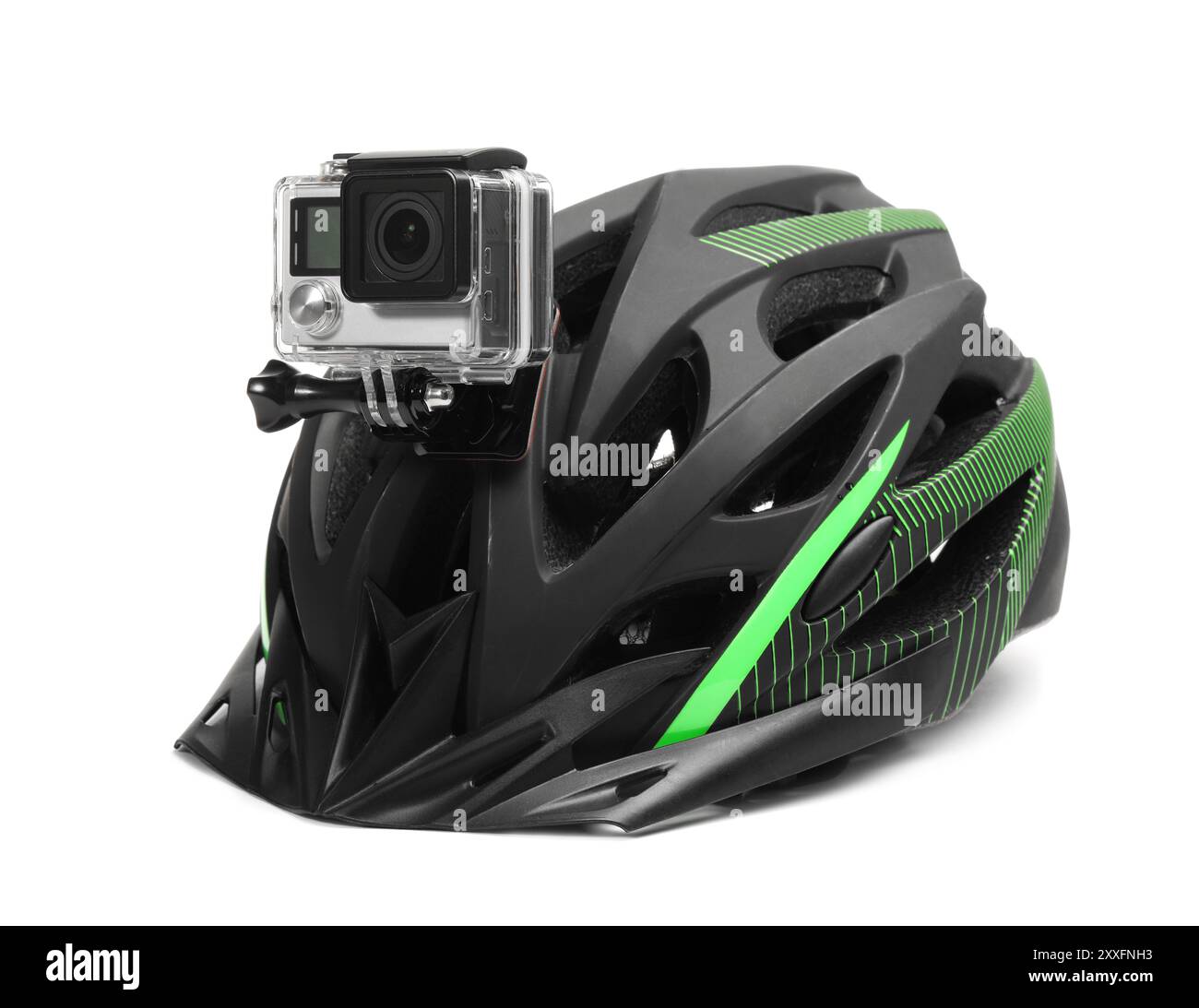 Modern action camera on helmet against white background Stock Photo - Alamy