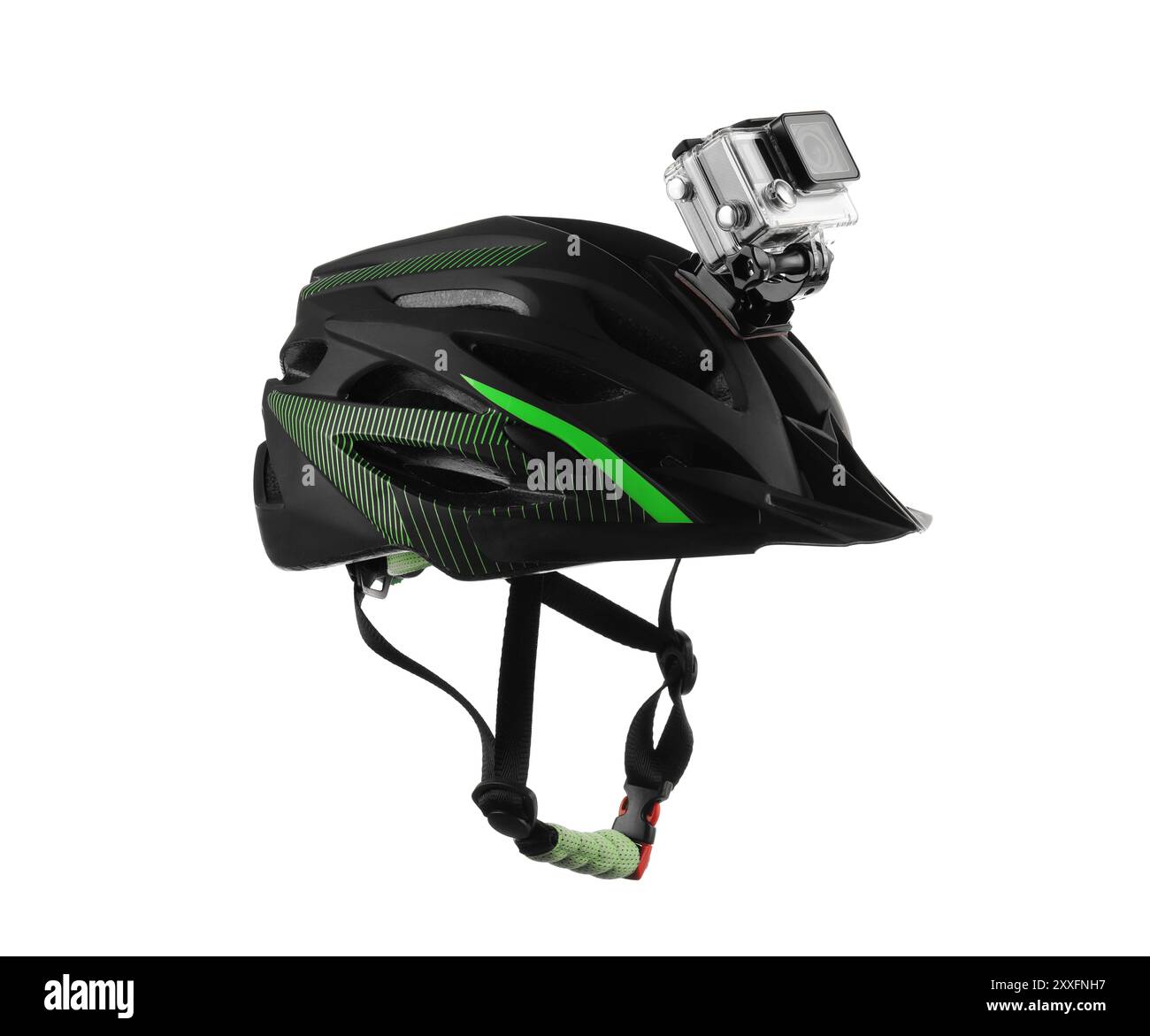 Modern action camera on helmet against white background Stock Photo - Alamy