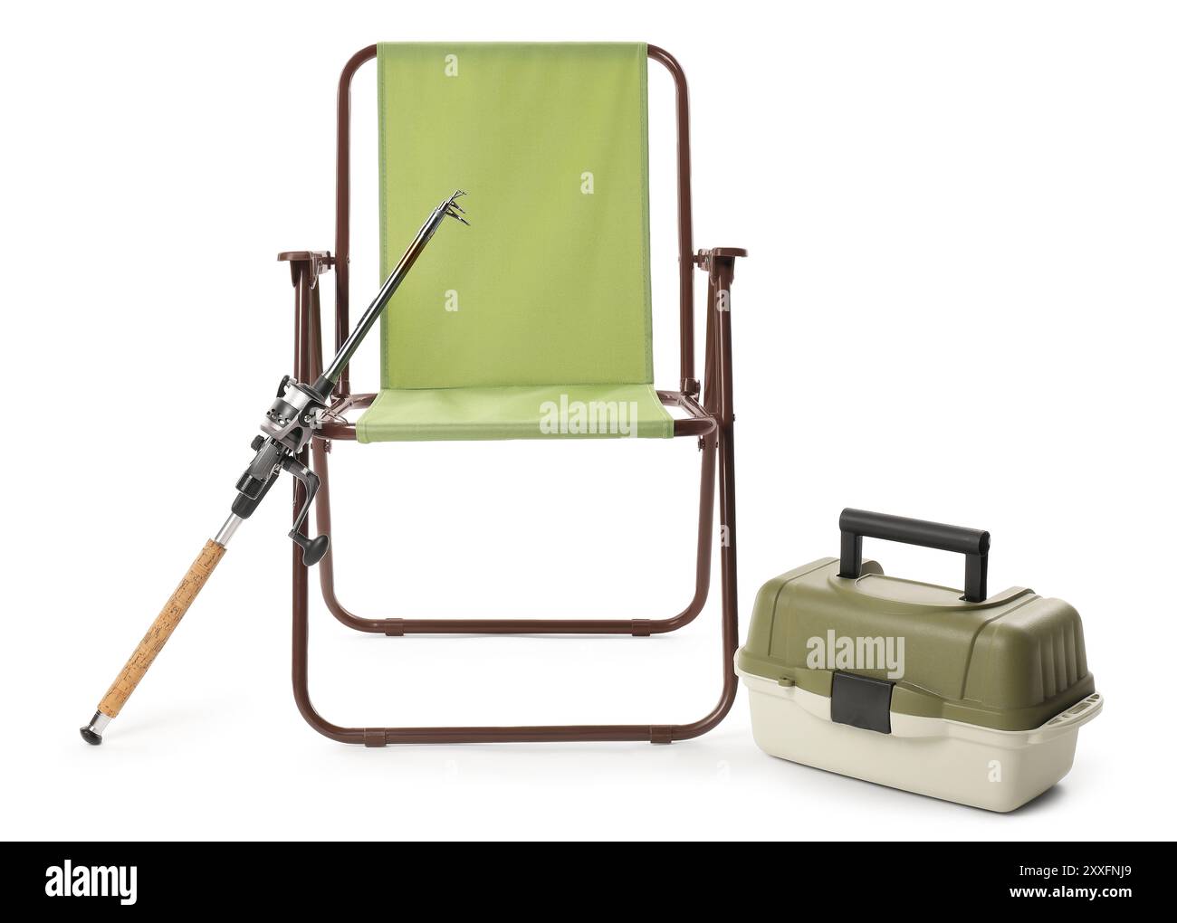 Folding chair, tackle box and fishing spinning isolated on white Stock ...
