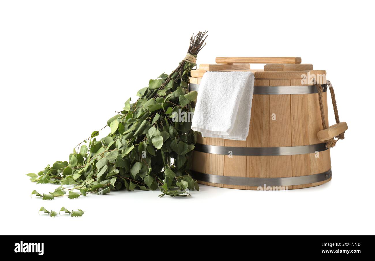 Sauna equipment. Wooden bucket, birch whisk and towel isolated on white ...