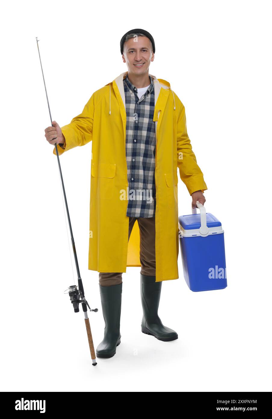 Smiling fisherman with rod and cooler box on white background Stock ...