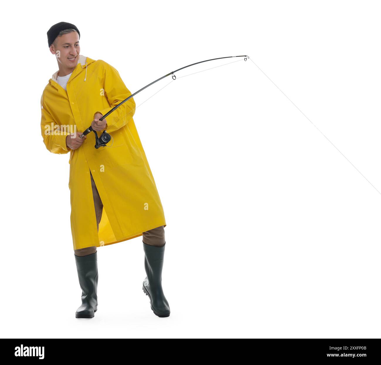 Fisherman with rod fishing on white background Stock Photo - Alamy