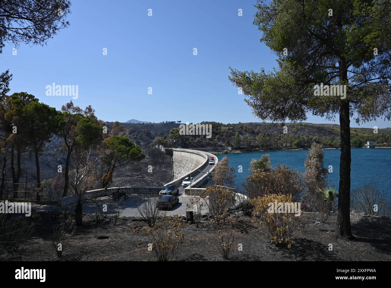 Aftermath of the east Attica wildfire in Lake Marathon View of Marathon ...