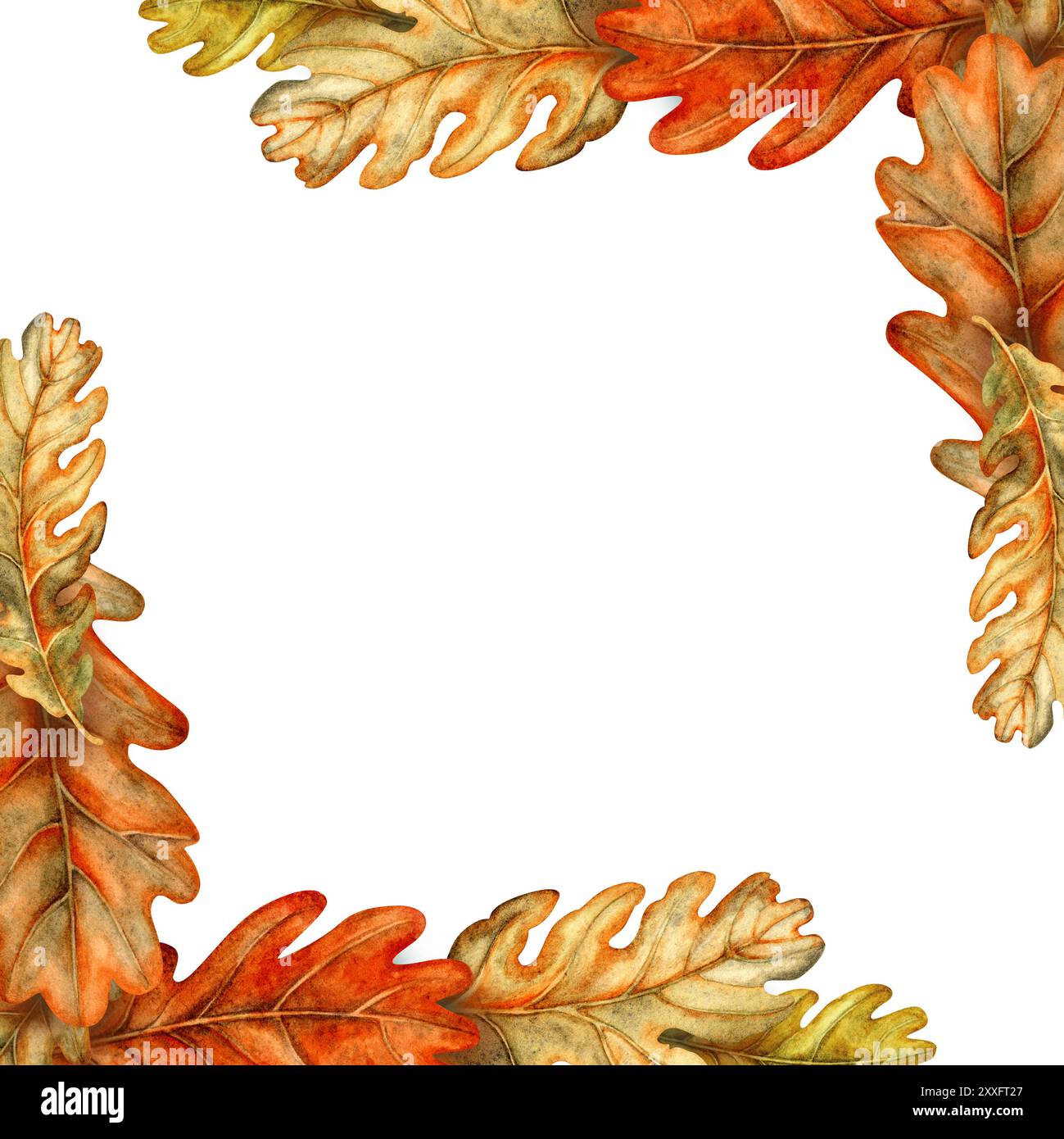 Border of colorful autumn oak leaves. Watercolor illustration of a ...