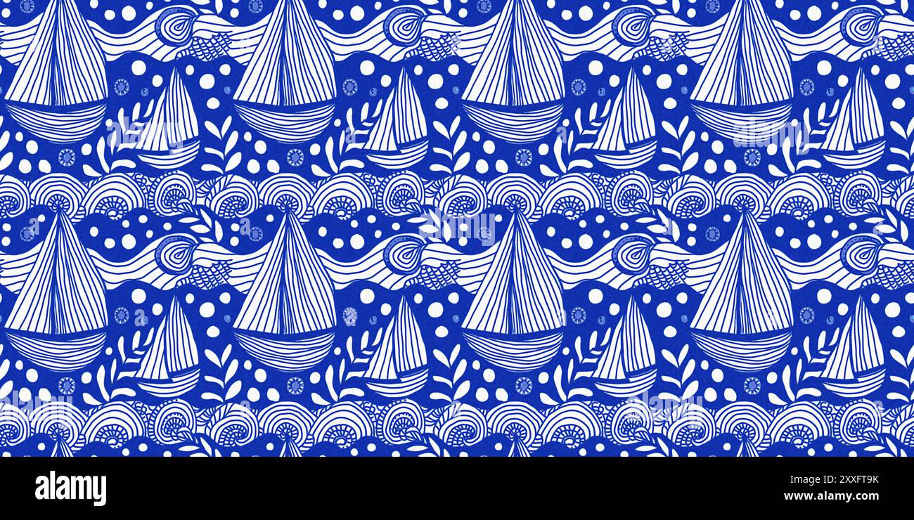 Coastal sail boat in azure ocean blue seamless border background ...
