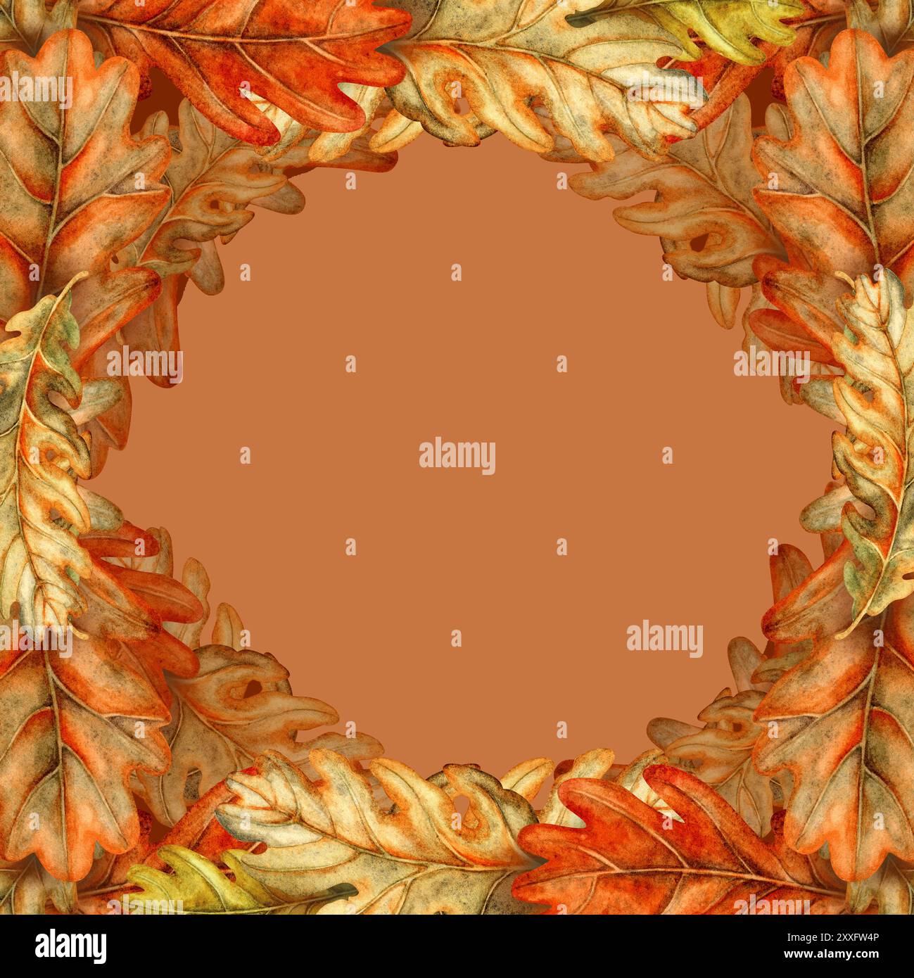 Frame of autumn oak leaves with orange background. Watercolor ...
