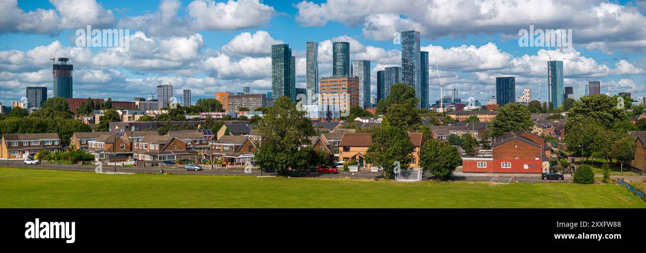 Panoramic view of Manchester, UK with tall buildings, including several ...