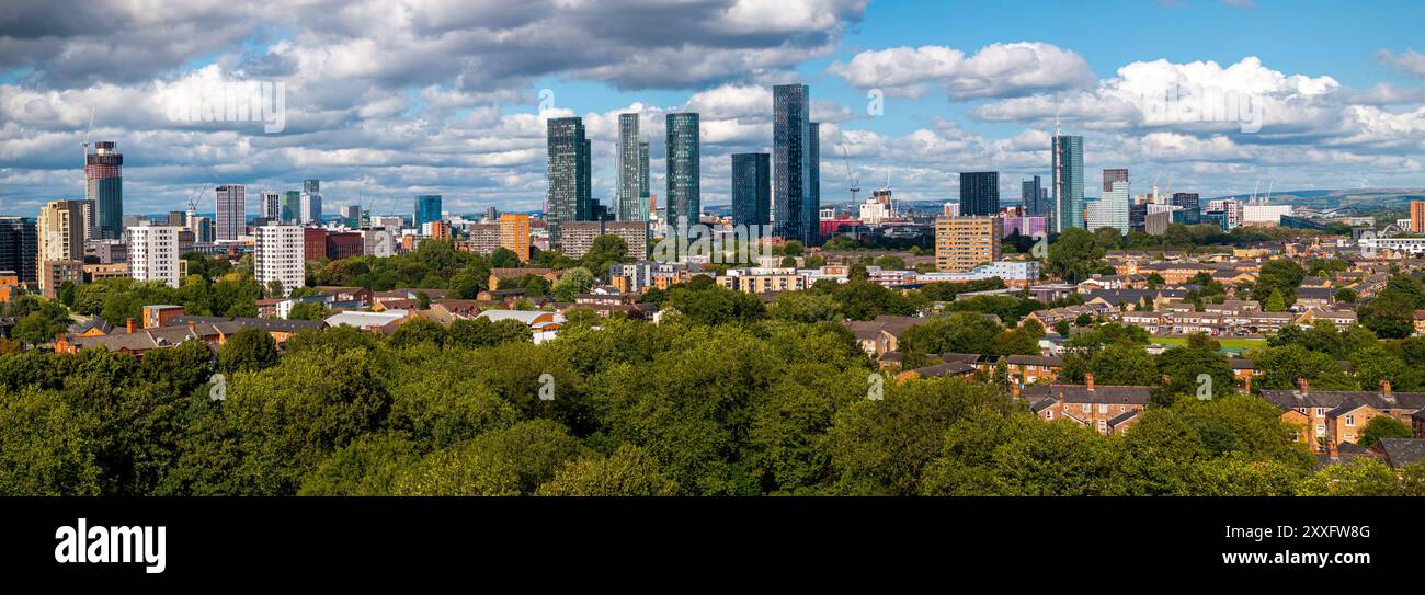 Panoramic view of Manchester, UK with tall buildings, including several ...