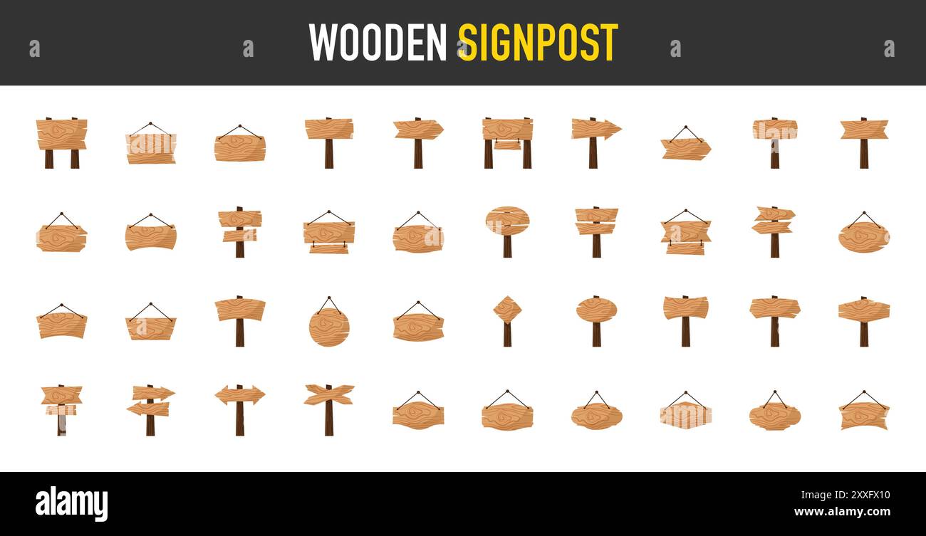 Cartoon wooden sign board art vector illustration. Textured templates ...