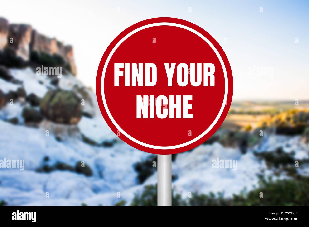 Find your niche message written on red round sign on nature background ...